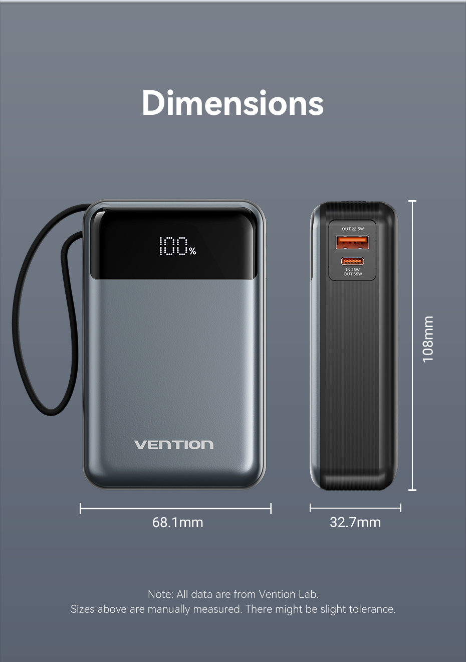 Vention 65W Power Bank with Cable 20000mAh Three-Way PD Fast Charging ...