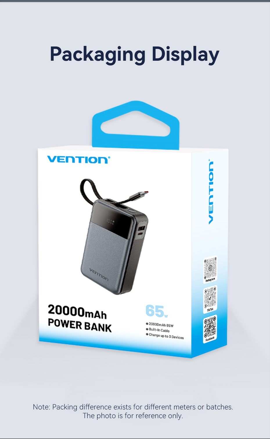 Vention 65W PowerBank with Cable 20000mAh Three-Way PD Fast Charging ...