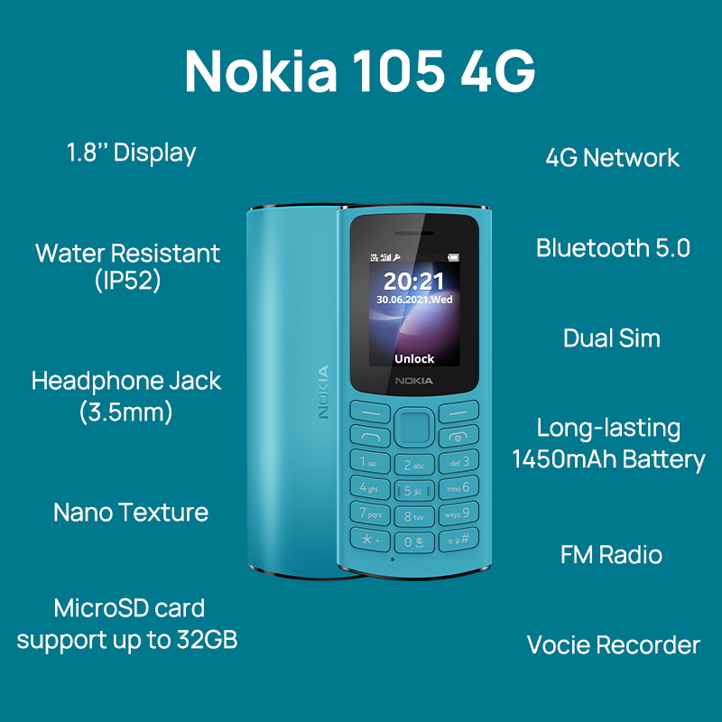 Nokia 105 2G/4G Keypad Basic Phone 1.8'' Screen Dual Sim 22 Days Long ...