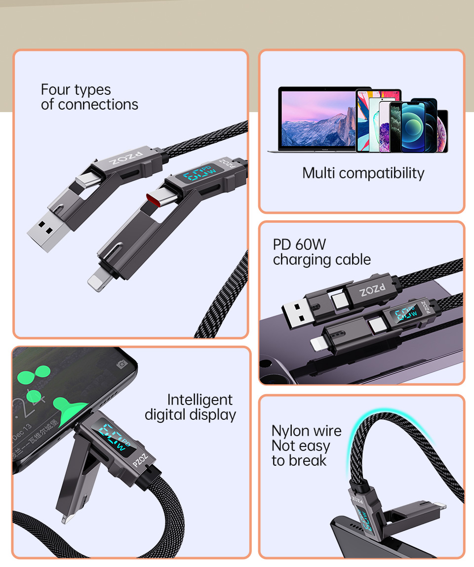 PZOZ 4 in 1 60W PD USB C Cable Digital Display Fast Charging For iPhone ...