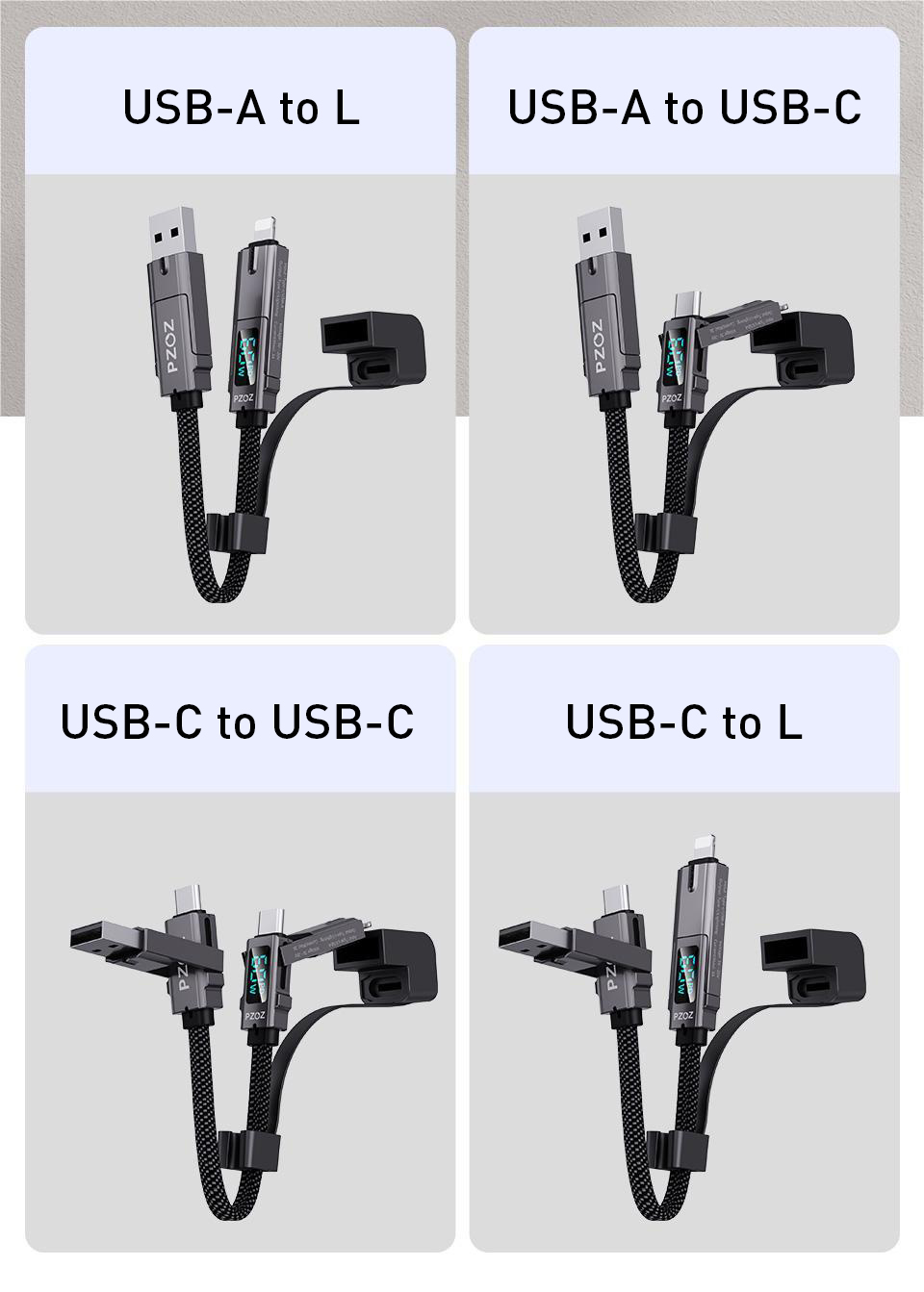 PZOZ 4 in 1 60W PD USB C Cable Digital Display Fast Charging For iPhone ...
