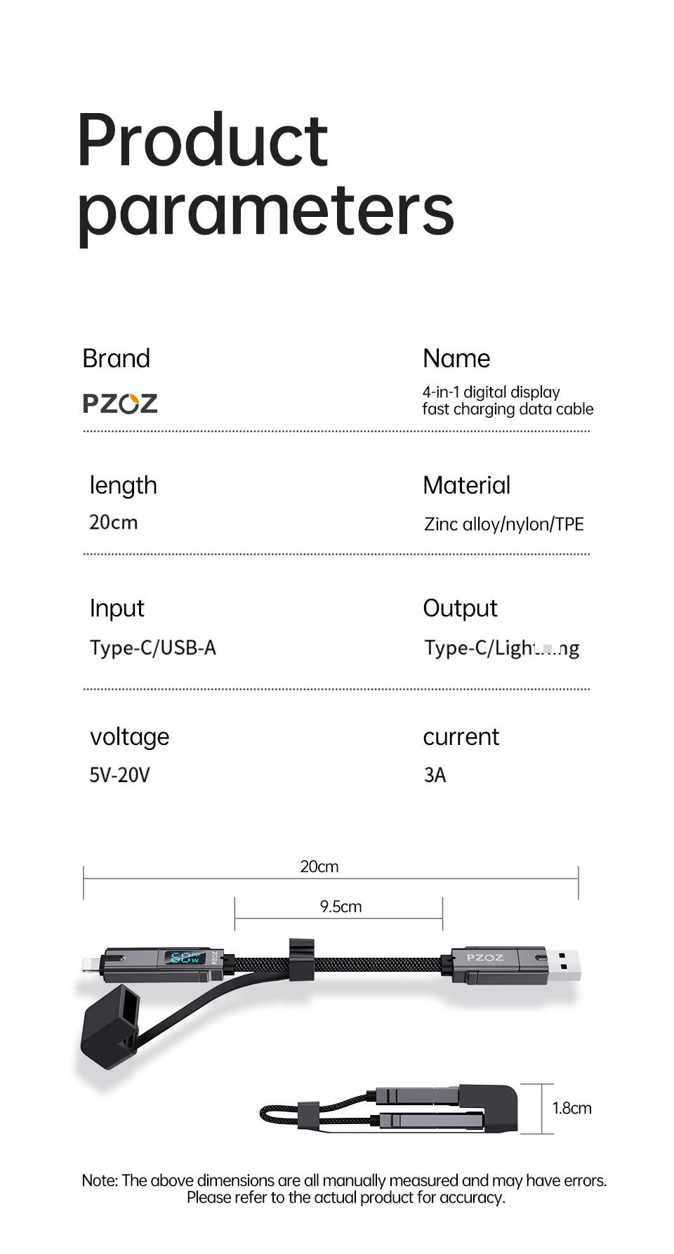 PZOZ 4 in 1 60W PD USB C Cable Digital Display Fast Charging For iPhone ...