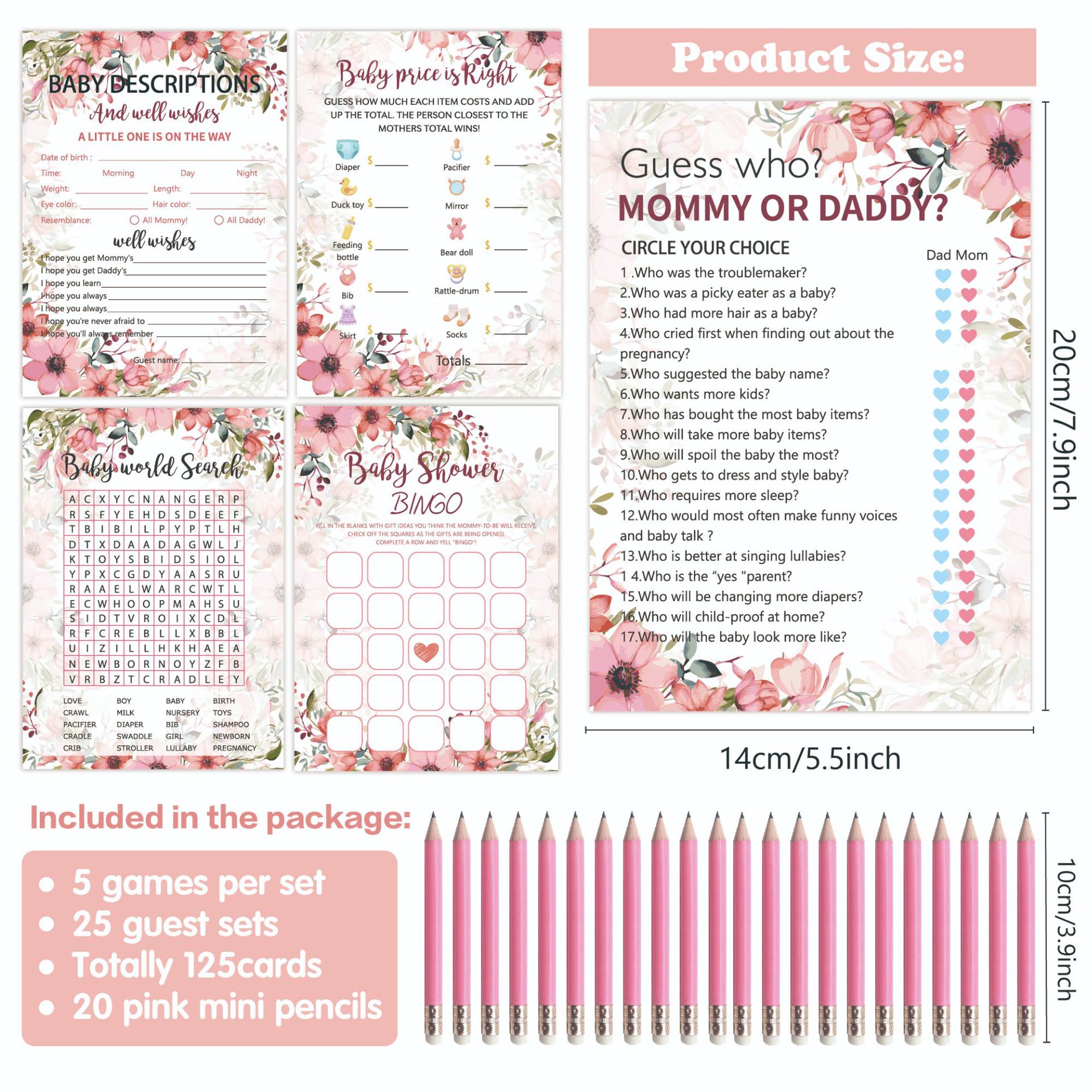 145 Pcs Floral Baby Shower Games for Girls Set of 5 Baby Shower Game ...