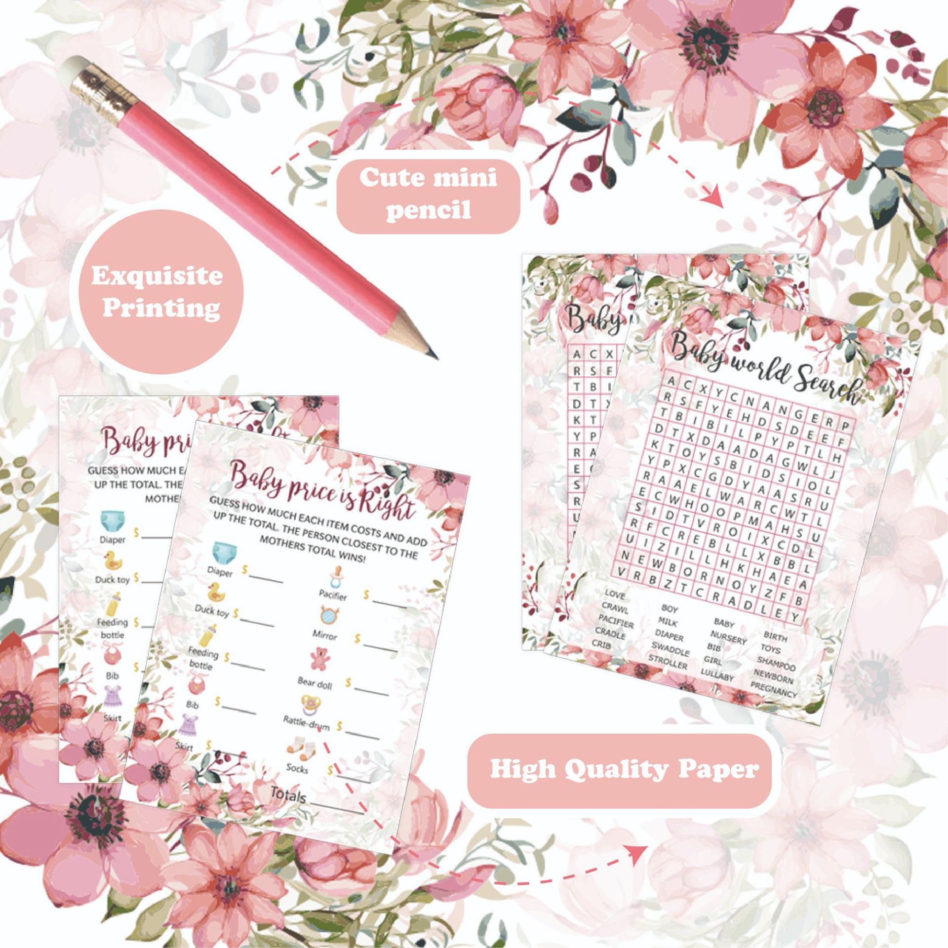 145 Pcs Floral Baby Shower Games for Girls Set of 5 Baby Shower Game ...