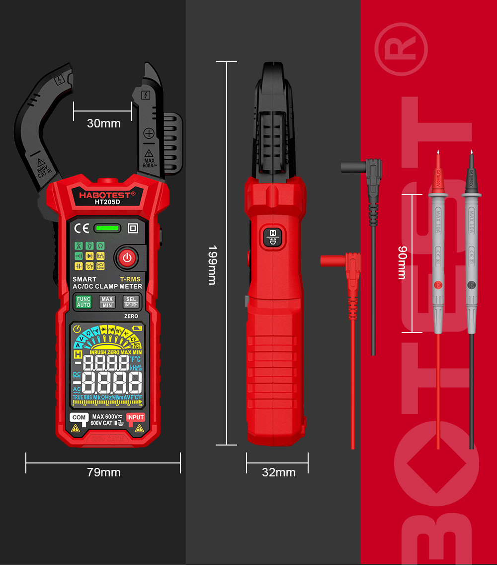 HABOTEST HT205 Smart Multimeter 6000 Count 600A AC/DC Current Voltmeter ...