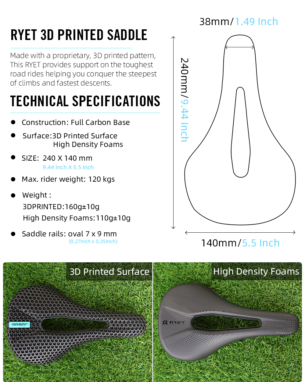 RYET 3D Printed Bike Carbon Saddle 140mm Super Light Road MTB Racing Saddles Bicycle Seat ...