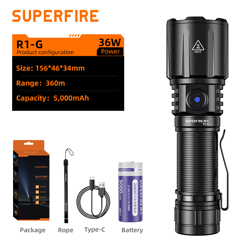SUPERFIRE R1-G 36W High Power LED Flashlights Zoom Type-c Rechargeable ...