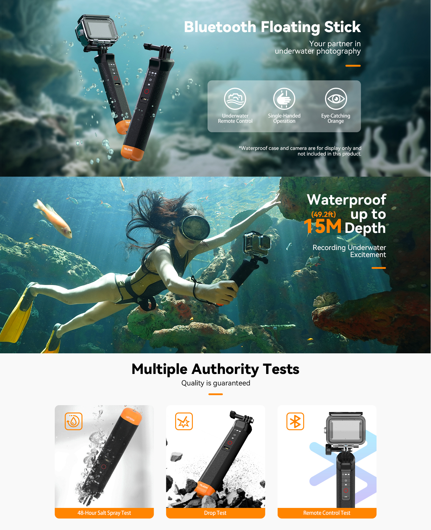 TELESIN Floating Selfie Stick Waterproof Handle with Bluetooth Remote ...