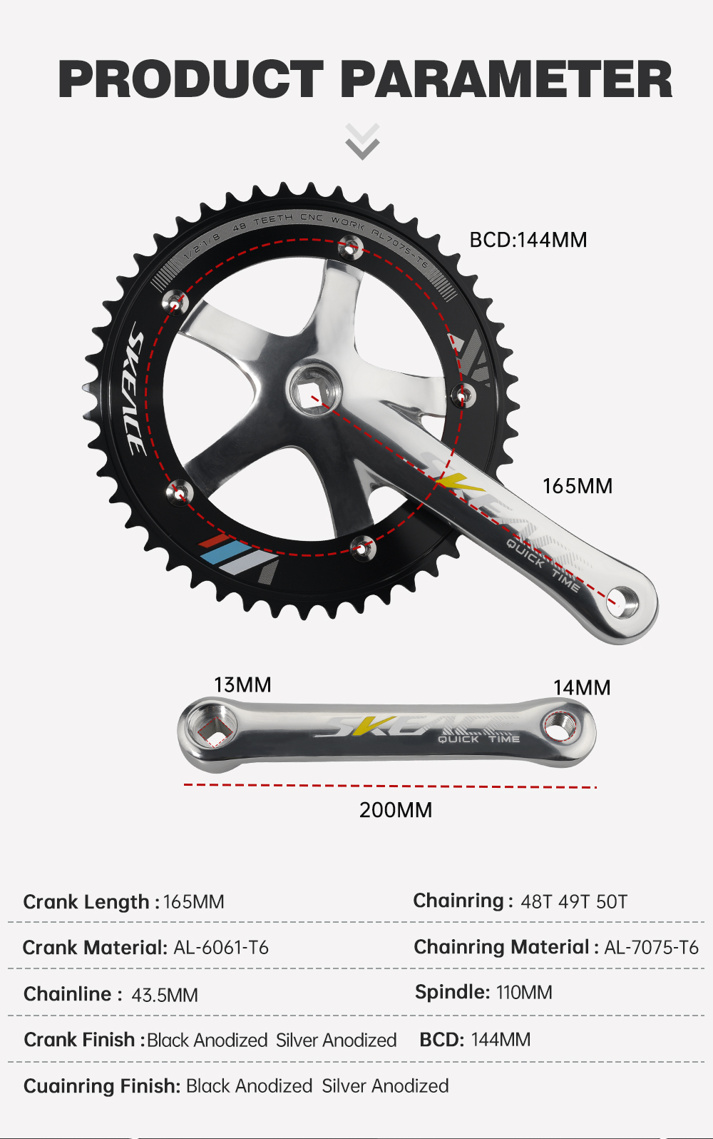 SKEACE 144mm BCD Track Fixie Bike Crankset 48T 165mm SKE Anodized ...