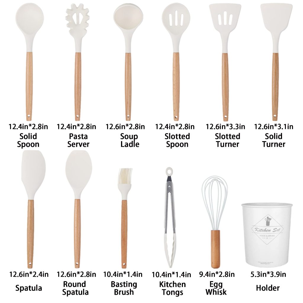12pcs/set Silicone Cooking Tools Set Durable Wooden Handle Food Grade ...