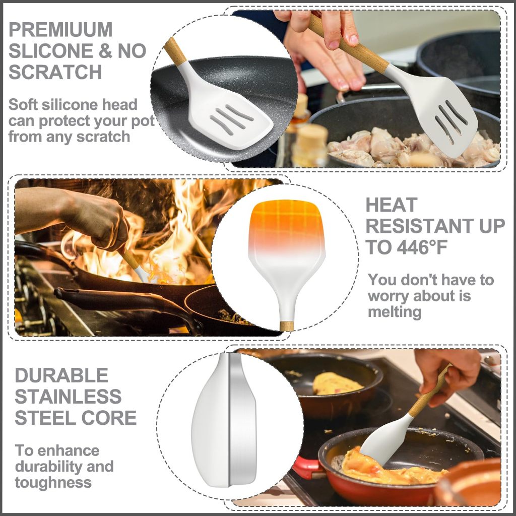 12pcs/set Silicone Cooking Tools Set Durable Wooden Handle Food Grade ...