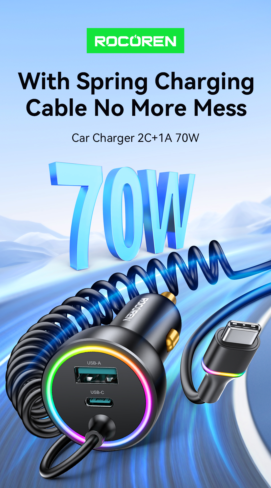 Rocoren 70W PD3.0 2C+1A Car Charger With Type-C Spring Charging Cable ...