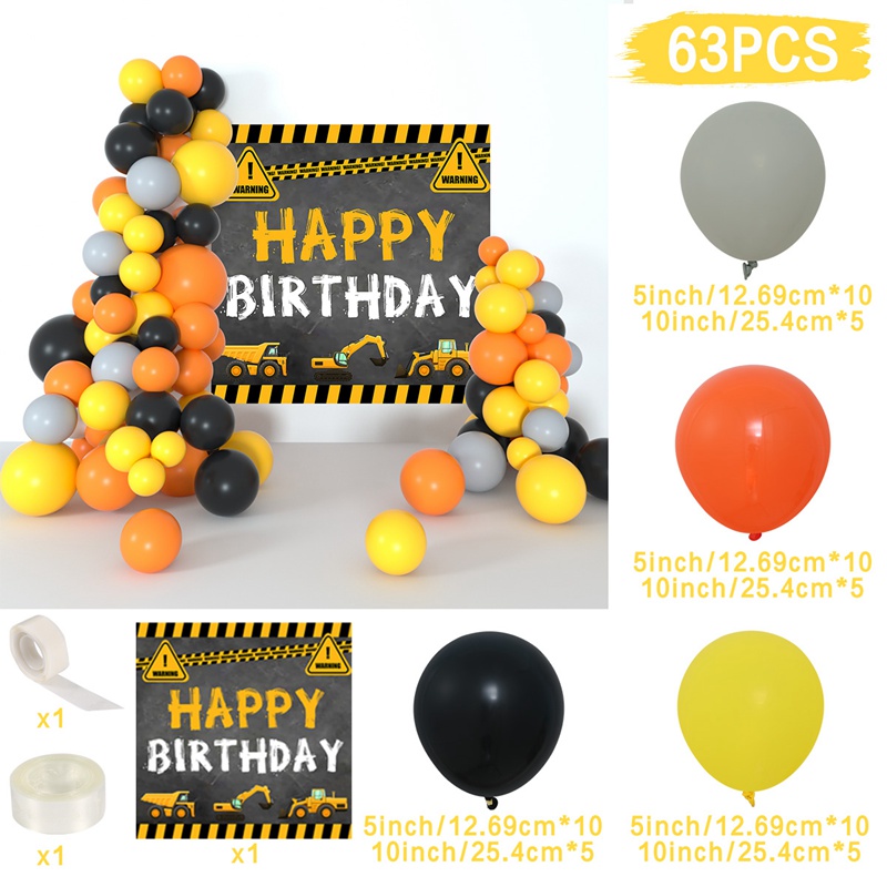 63pcs Construction theme Party Balloon Backdrop Set Black Orange ...