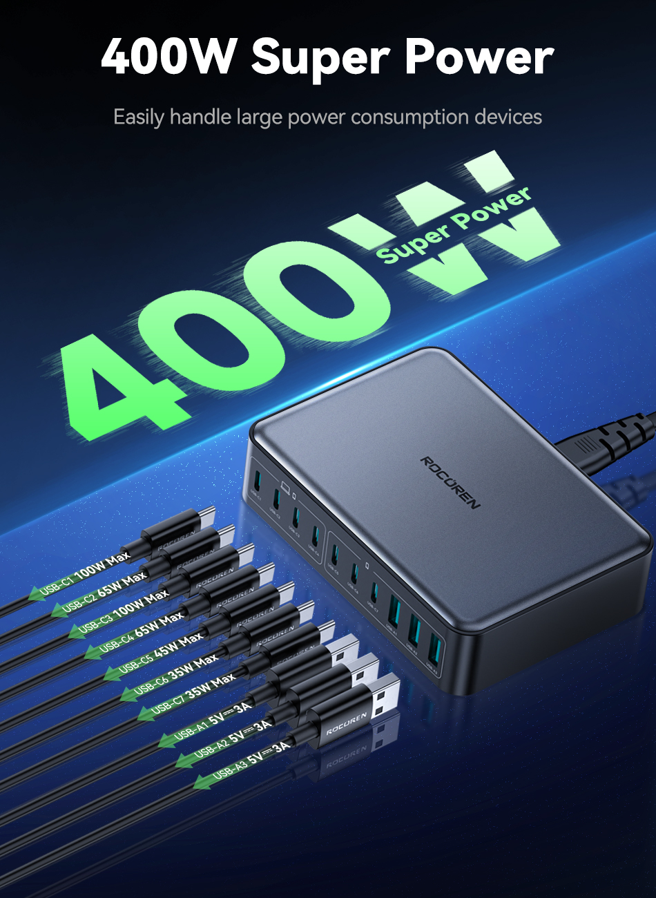 Rocoren 400W 7C+3A Energy Station Series Fast Charging Desktop Charger ...