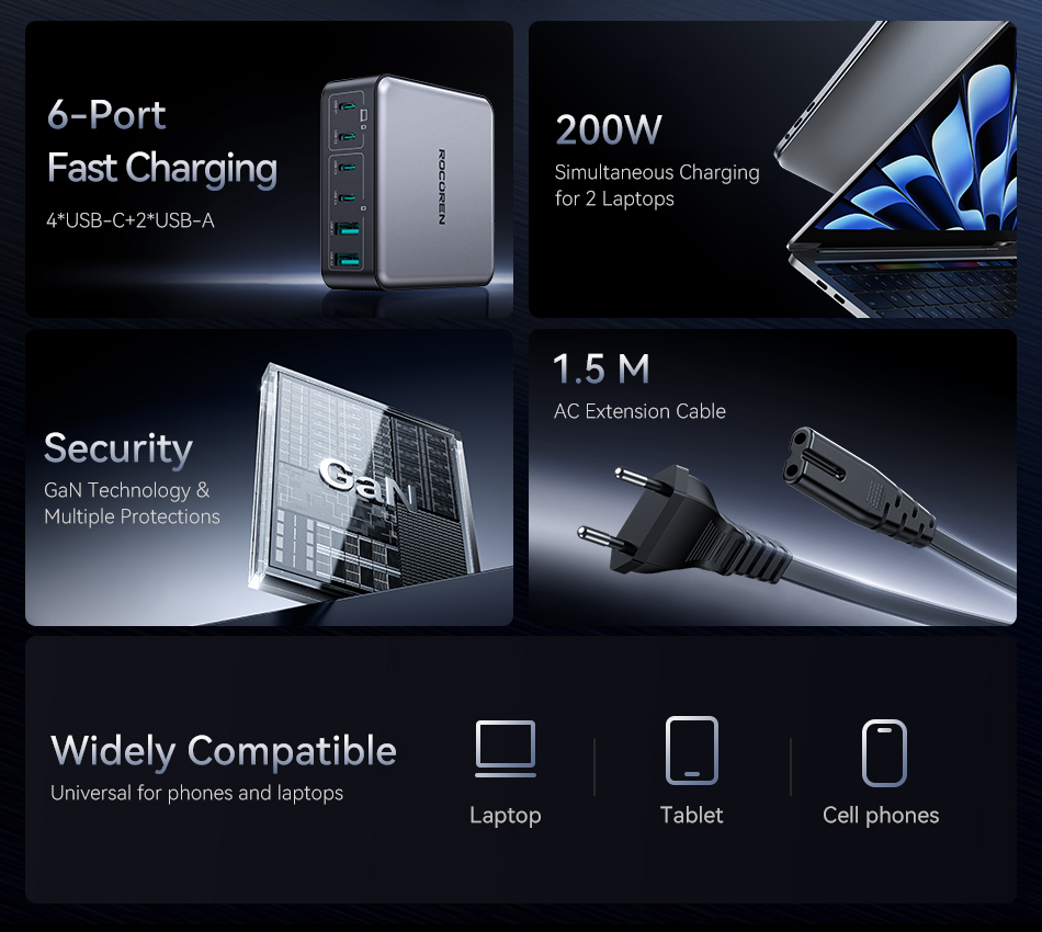 Rocoren 200W 4C+2A Energy Station Series Fast Charging Desktop Charger ...