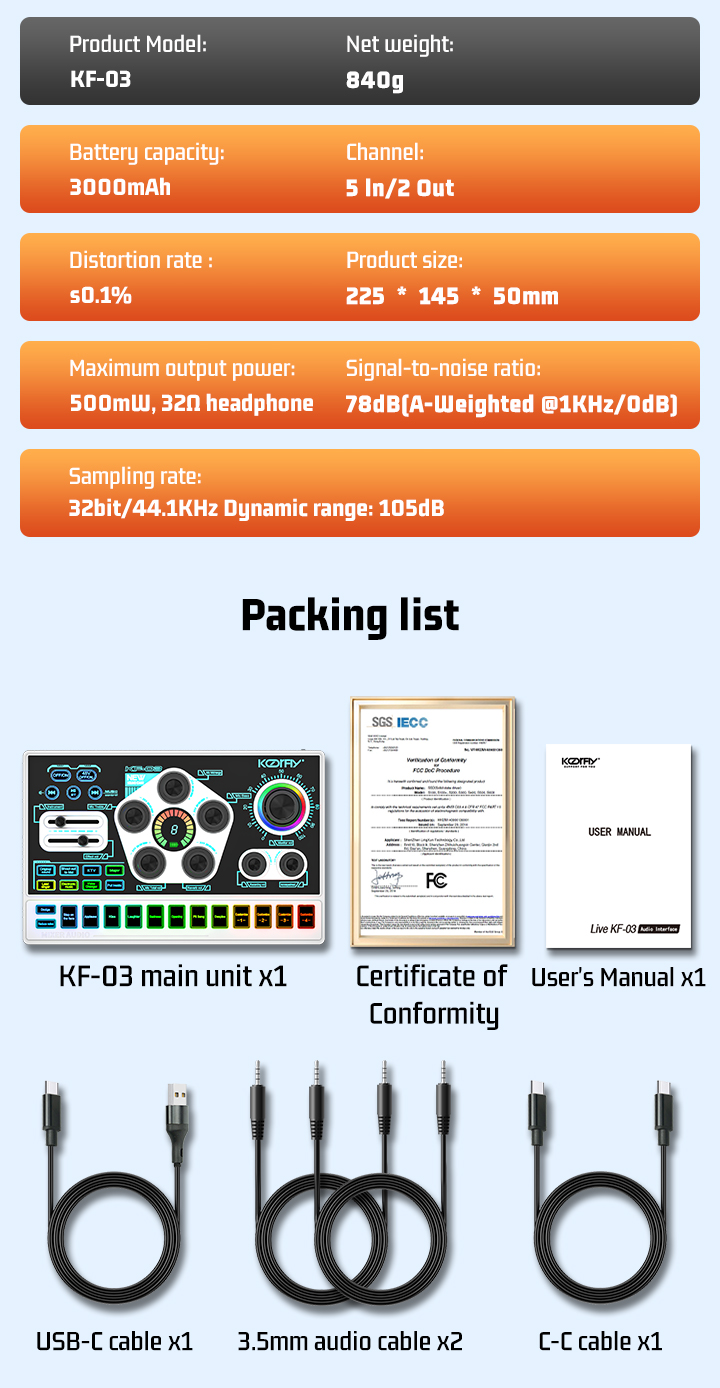 KOORFLY KF03 Sound Card 48V Mixer Condenser Mic Kit Eliminate Raw Songs ...