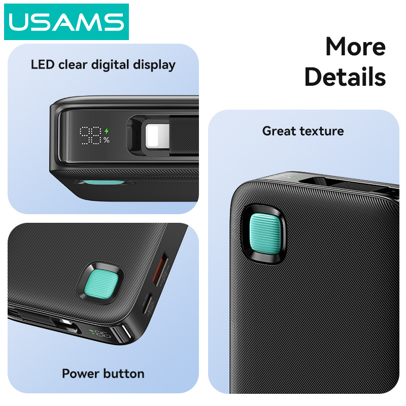 USAMS CD225 10000mAh 20W Power Bank Digital Display Fast Charging PowerBank With Cable for iph ...