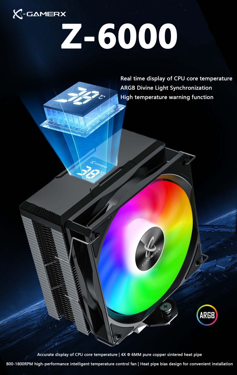 Power Train X-Gamerx Z-6000 ARGB CPU Cooler with Digital Temperature ...
