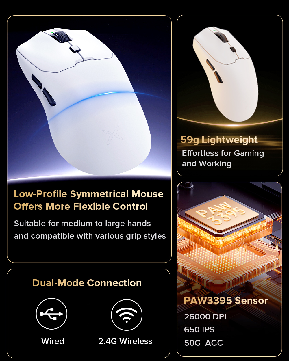 DELUX M700 PRO PAW3395 26000DPI 50G ACC Programmable Wireless Gaming Mouse 59g Lightweight Wired ...