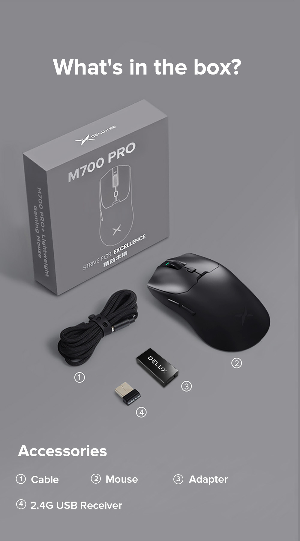 DELUX M700 PRO PAW3395 26000DPI 50G ACC Programmable Wireless Gaming Mouse 59g Lightweight Wired ...