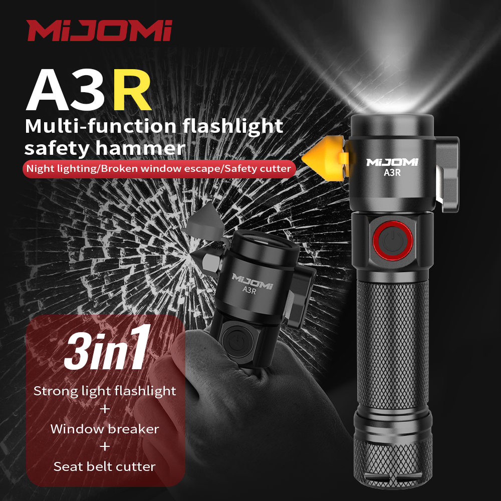 Mijomi Rechargeable Flashlight A3R Car Safety Hammer Flashlight with ...