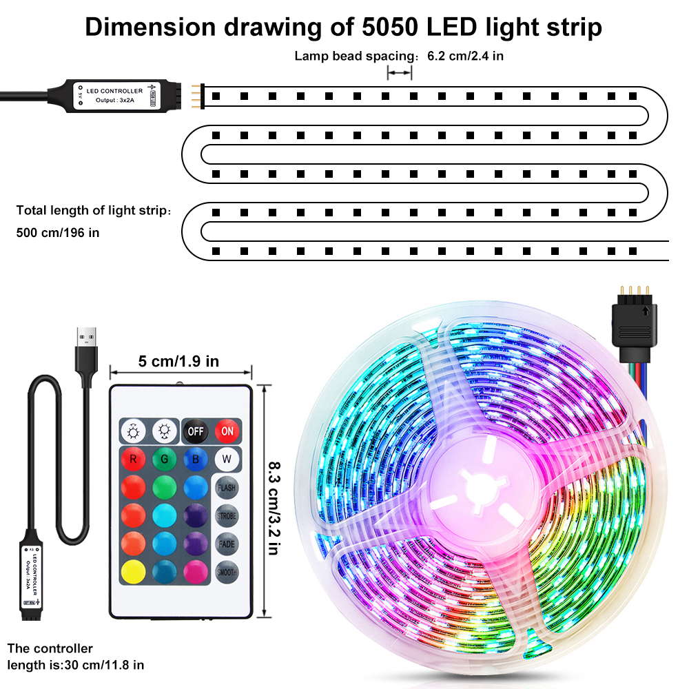 5050 RGB LED USB Strip Lights Warm LED Strip Light with Remote Control ...