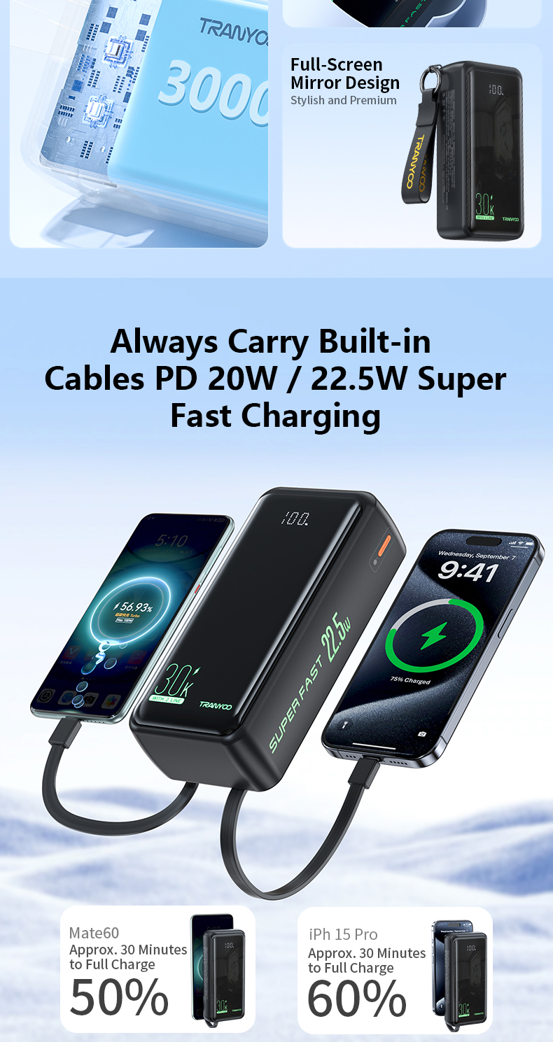 Tranyoo K18 30000mAh 22.5W Power Bank Built in Cable Large capacity Fast Charging Free lanyard ...