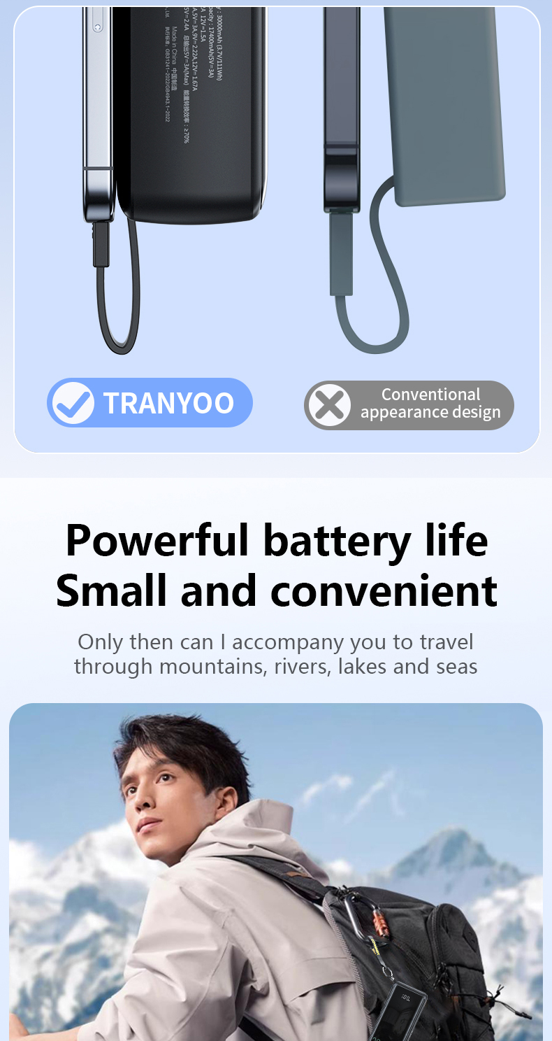 Tranyoo K18 30000mAh 22.5W Power Bank Built in Cable Large capacity Fast Charging Free lanyard ...