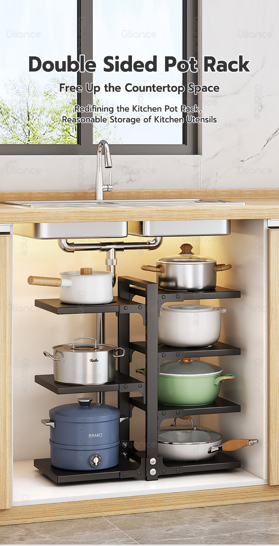 Uliance 2-4 Tier Kitchen Pan Organizer Pot Rack Adjustable Under Sink ...