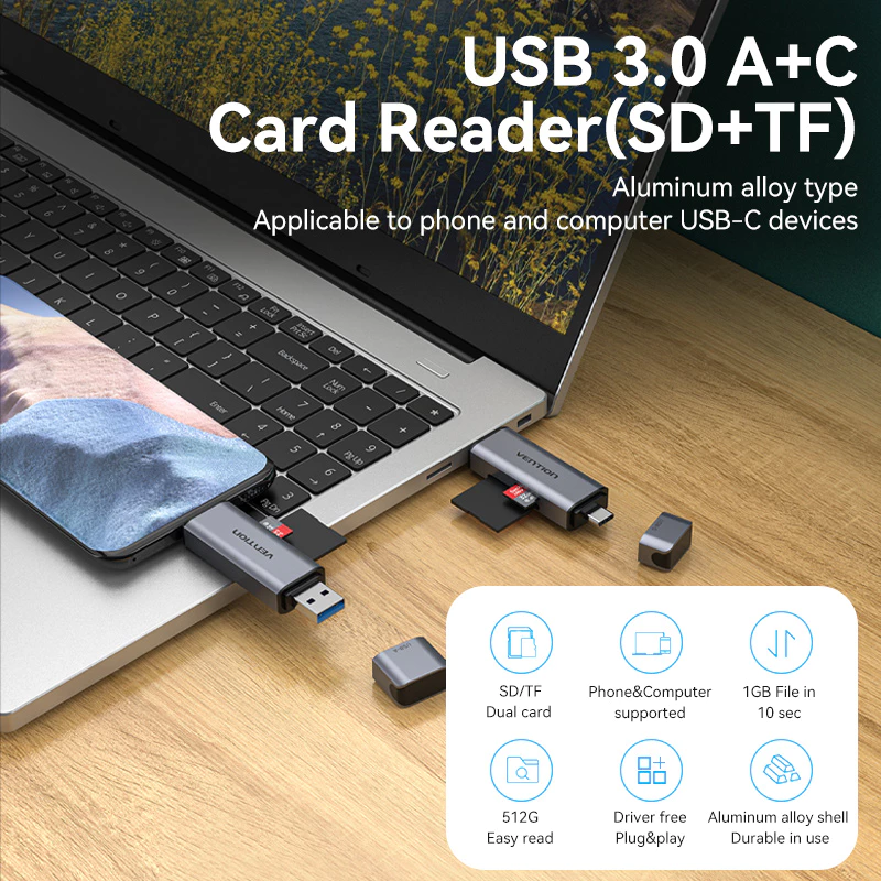 Vention 2 in 1 SD TF Card Reader OTG USB 3.0 2.0 5Gbps 256GB Type C 3.0 ...