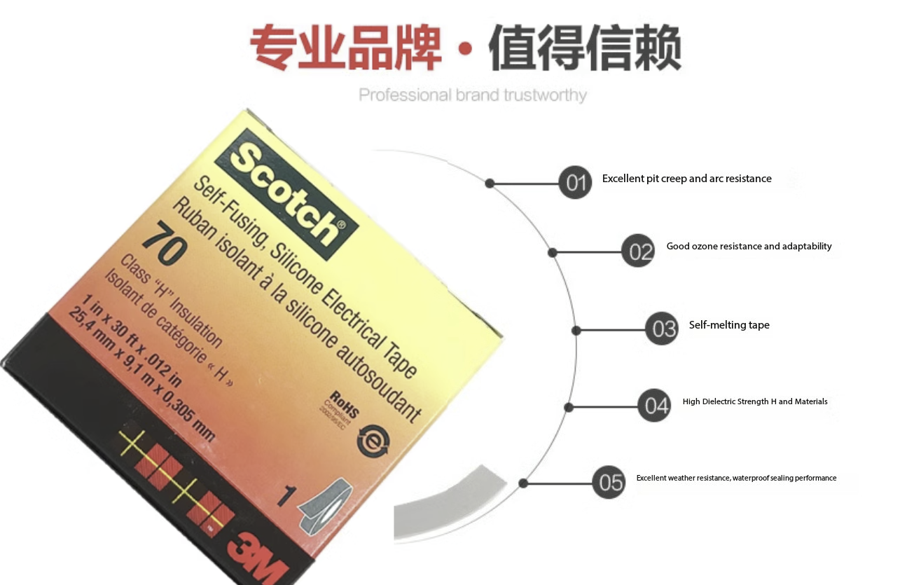 3M 70 Scotch Self-Fusing Silicone Rubber Electrical Tape 25. 4mm x 9.1m ...