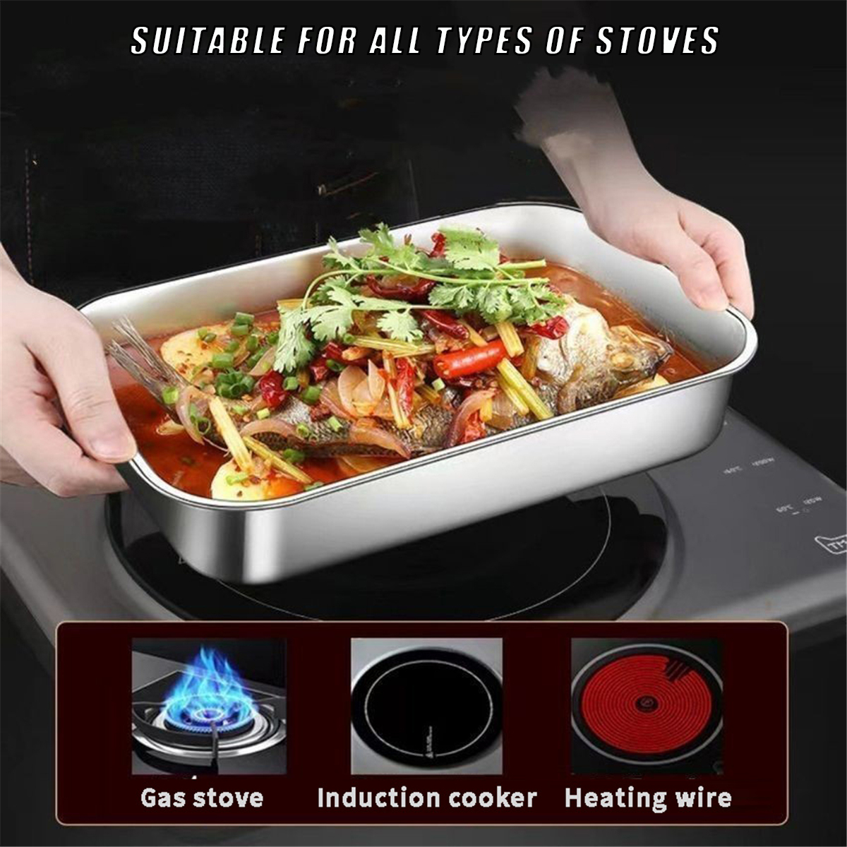 SUS 304 Stainless Steel BBQ Food Trays With Lid Rectangular Baking Pan ...