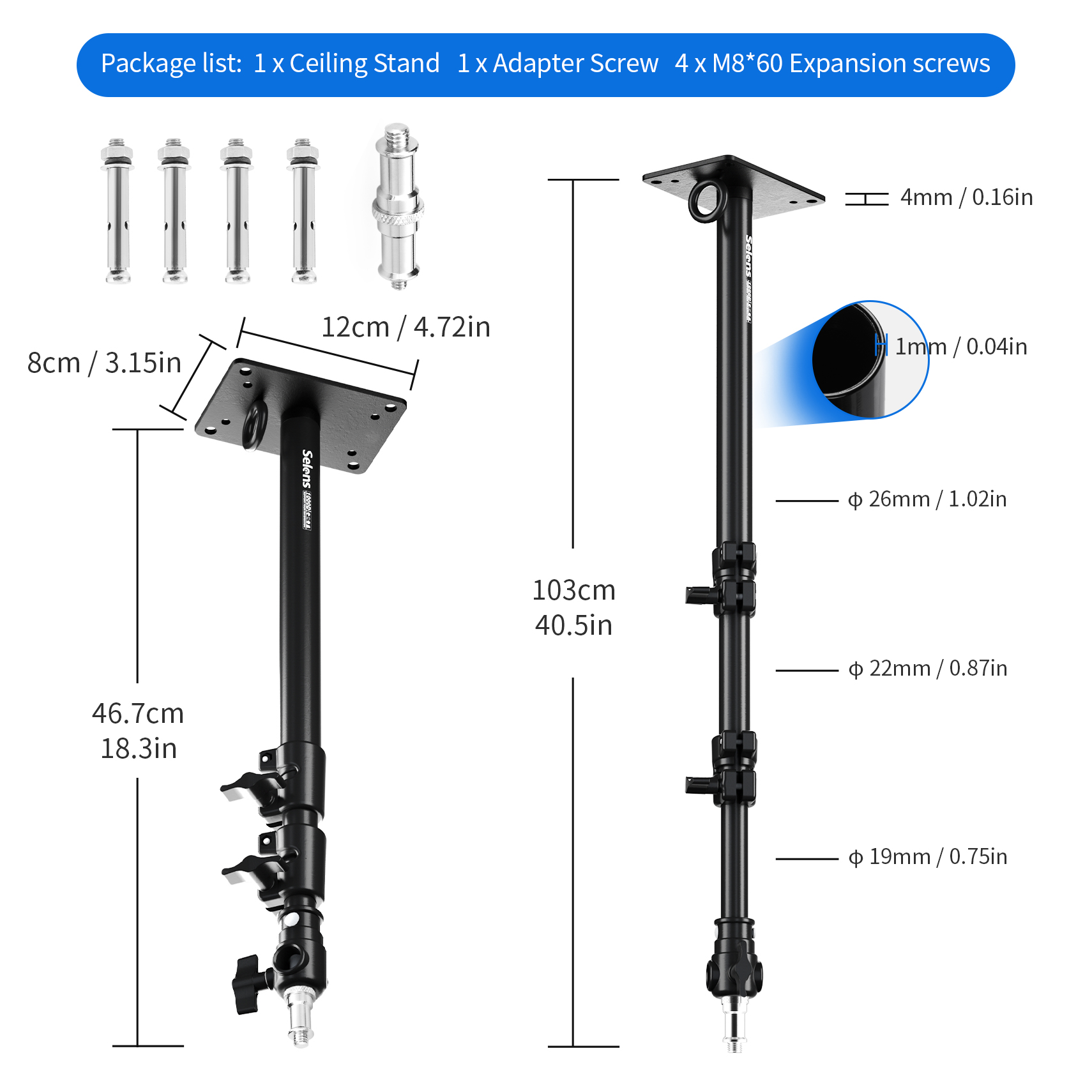 Selens Photography Studio Wall Ceiling Mount Stand Overhead with 1/4" 3 ...