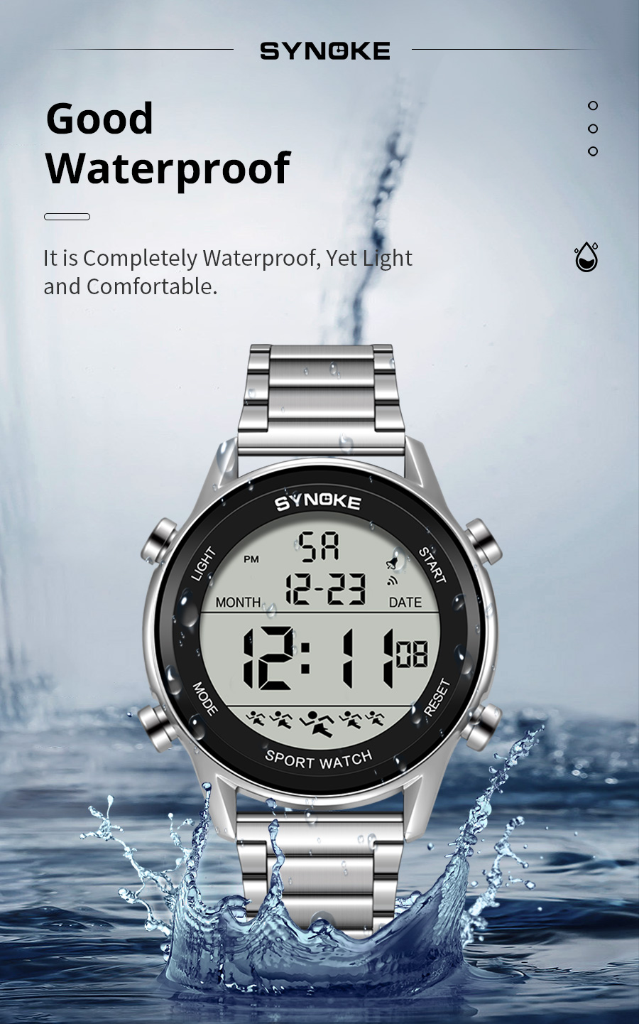 SYNOKE Waterproof Men Watch Sport Stainless Steel Digital Multifunction ...