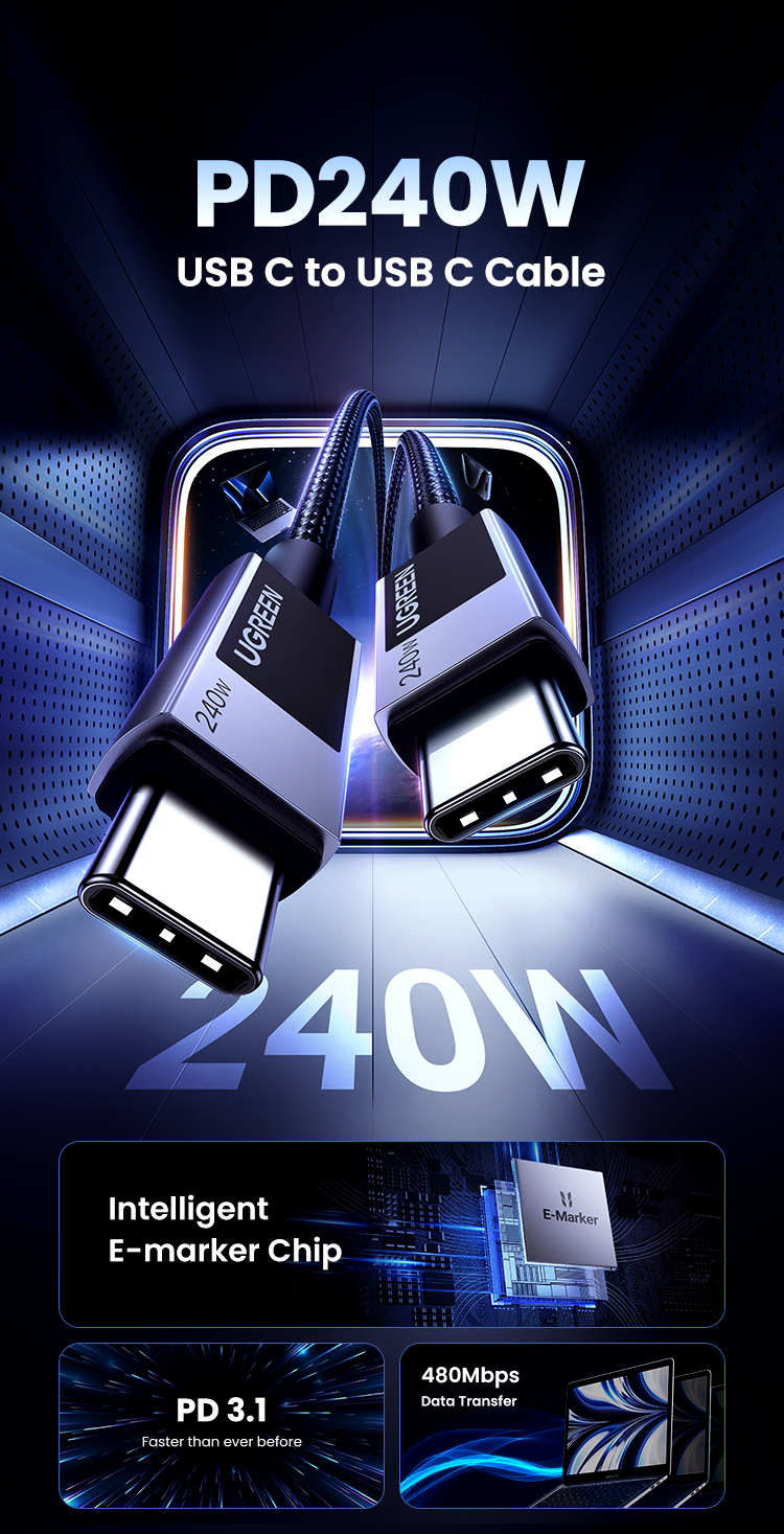 Ugreen 240W PD3.1 Type C to Type C 480Mbps USB C Braided Fast Charging Cable for Macbook, iPhone ...