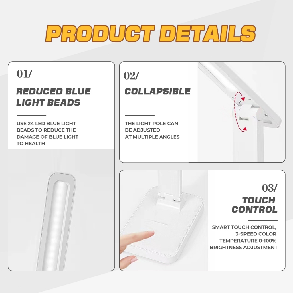LED Desk Lamp USB Study Lamp Stepless Dimming Table Lamp Rechargeable ...