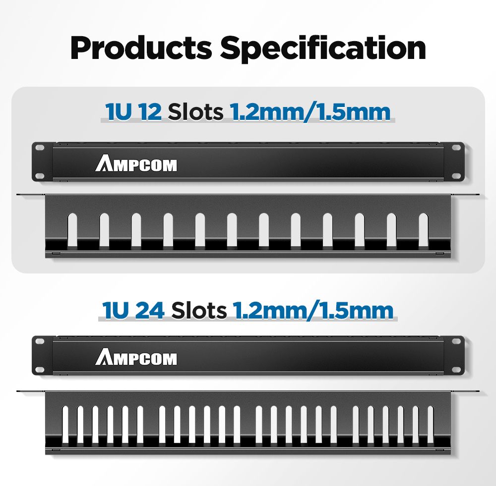 AMPCOM 1U Rack Mount Cable Management 19 inch, 12/24 Slot Metal Finger ...