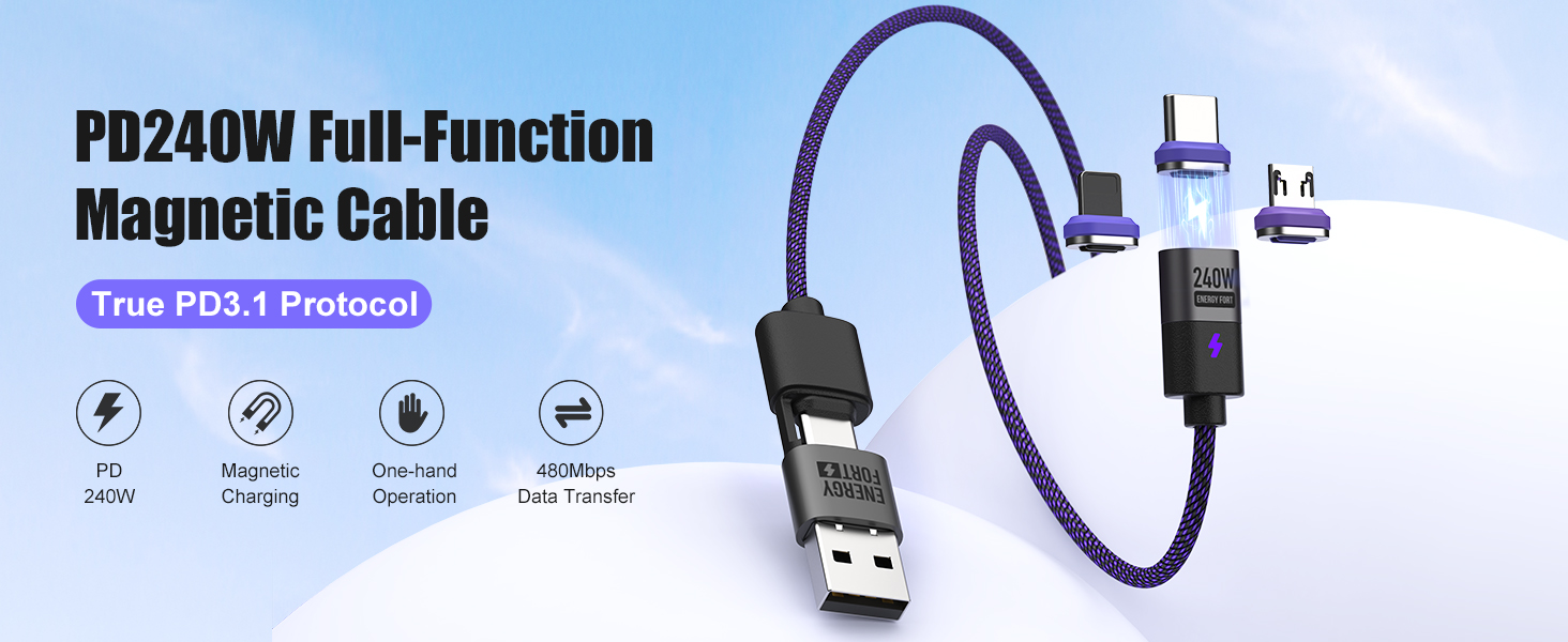 PD240W Max Magnetic Fast Charging Cable with 2-Type Input Port 3-Type ...