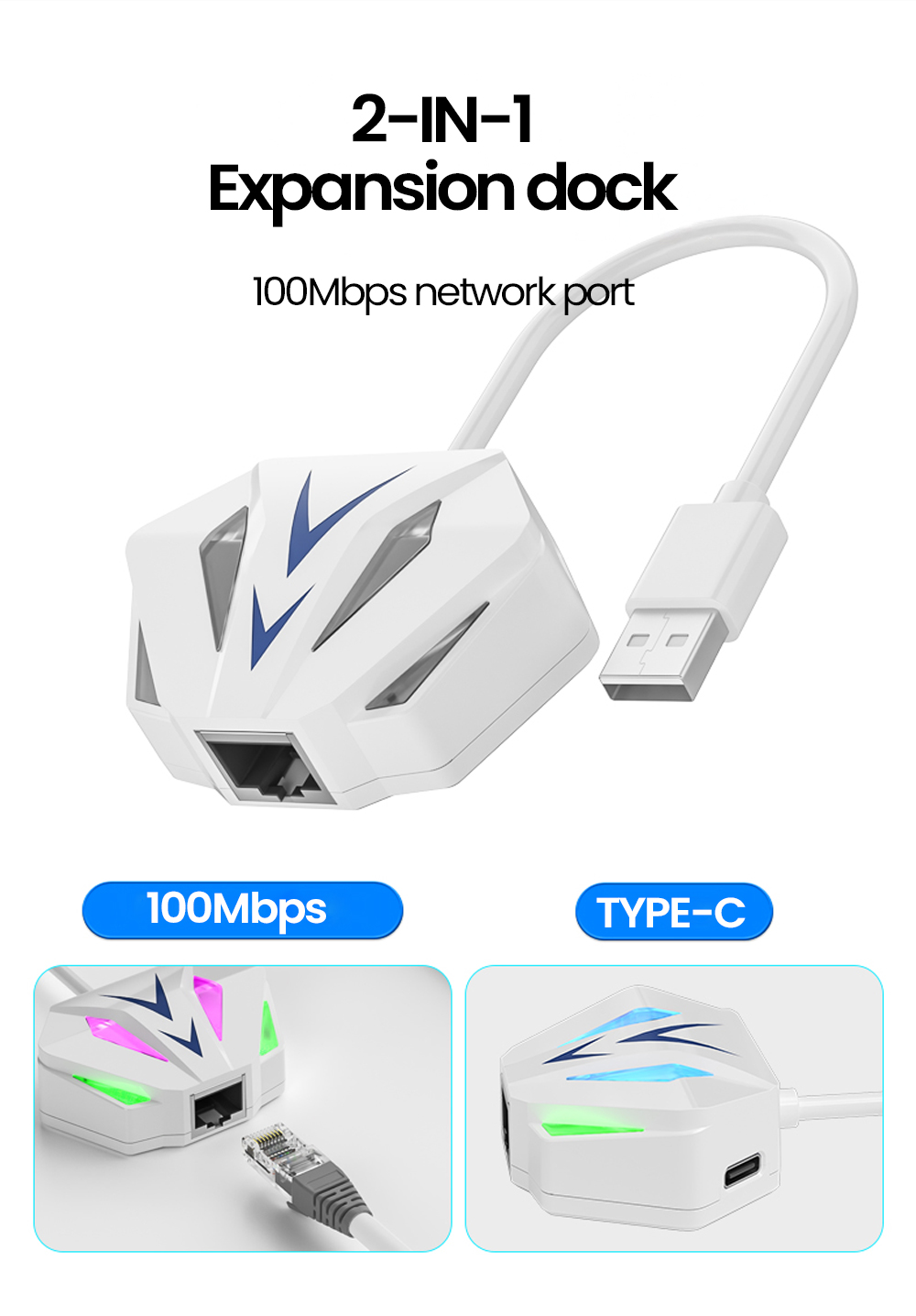 Wired Colorful USB/Type-c to 100 Gigabit RGB Ethernet Card External ...