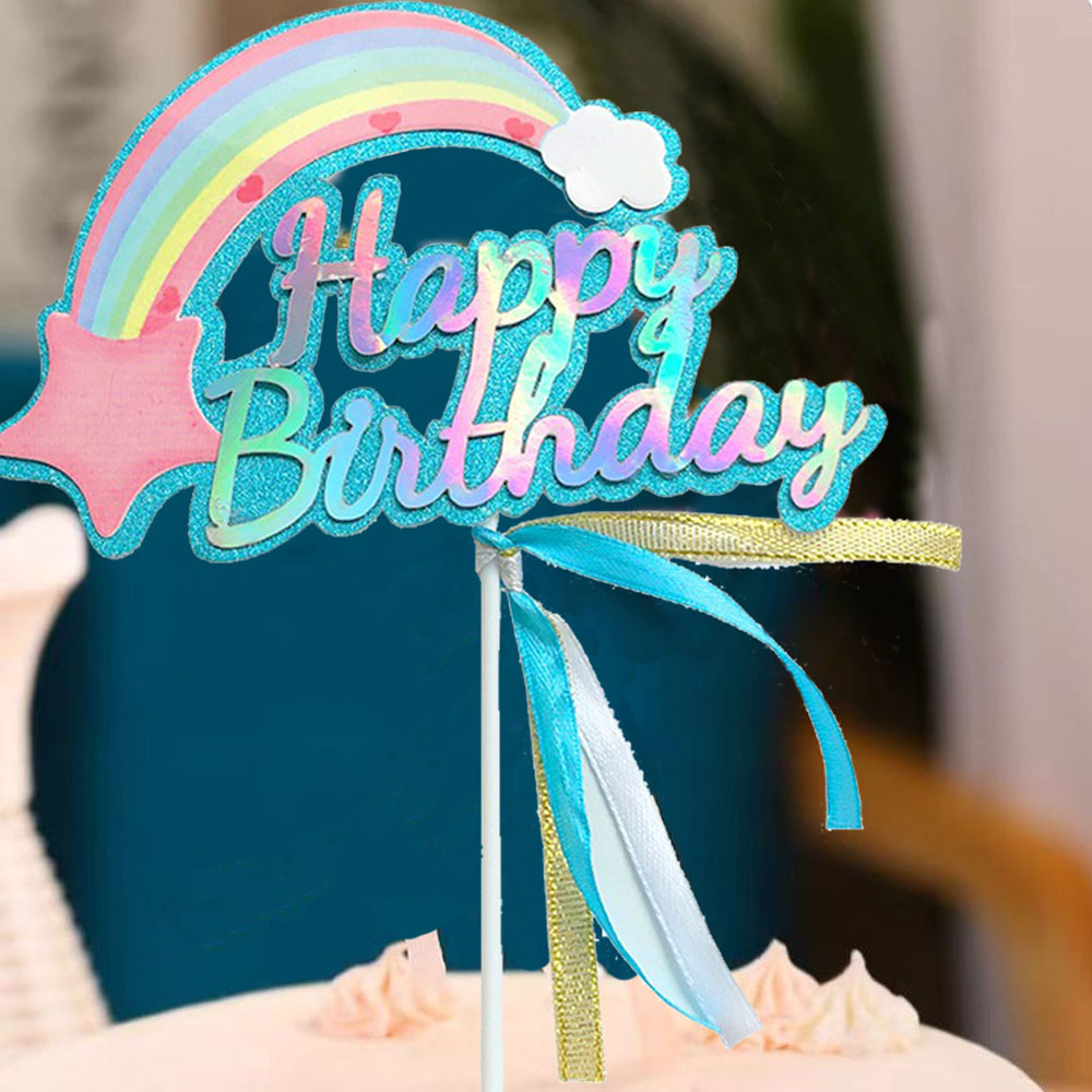 Pink and Blue Rainbow Ribbon Cake Topper Happy Birthday Cake Decoration ...