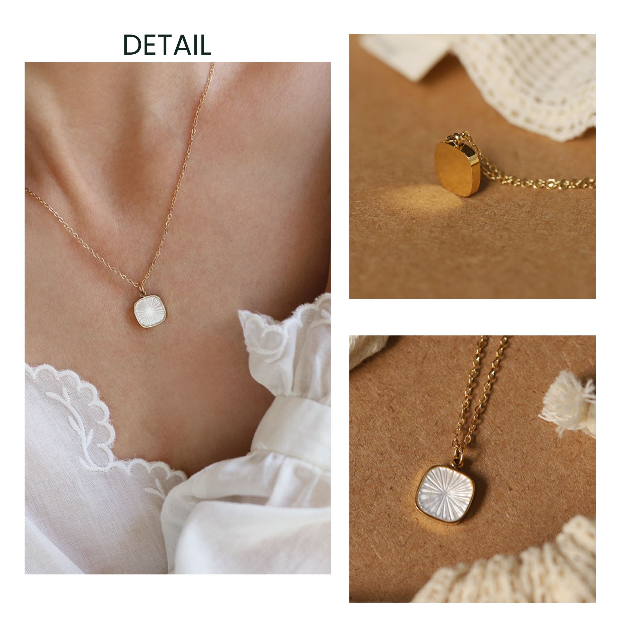 Natural Shell Radiation Sqaure Pendant Chain Necklace • Waterproof Non ...