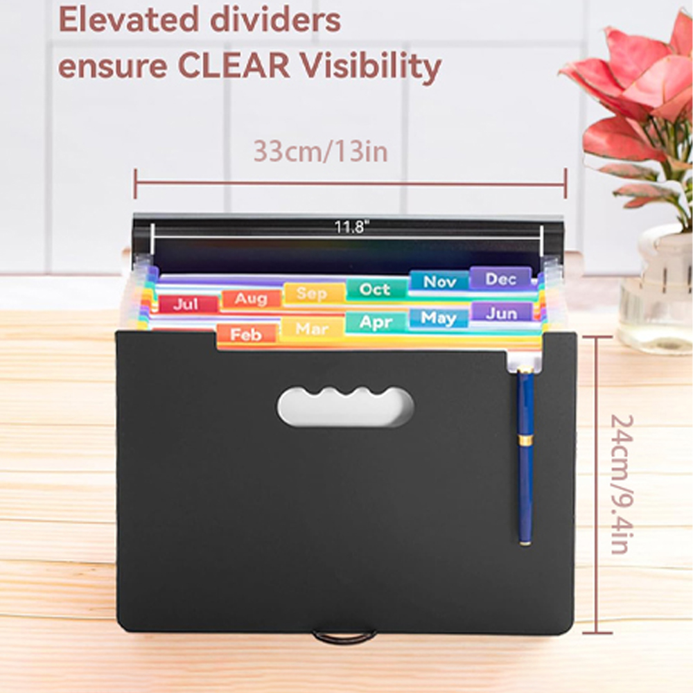 12 Grids Black Plastic File Bag Expanding File Folder Document ...