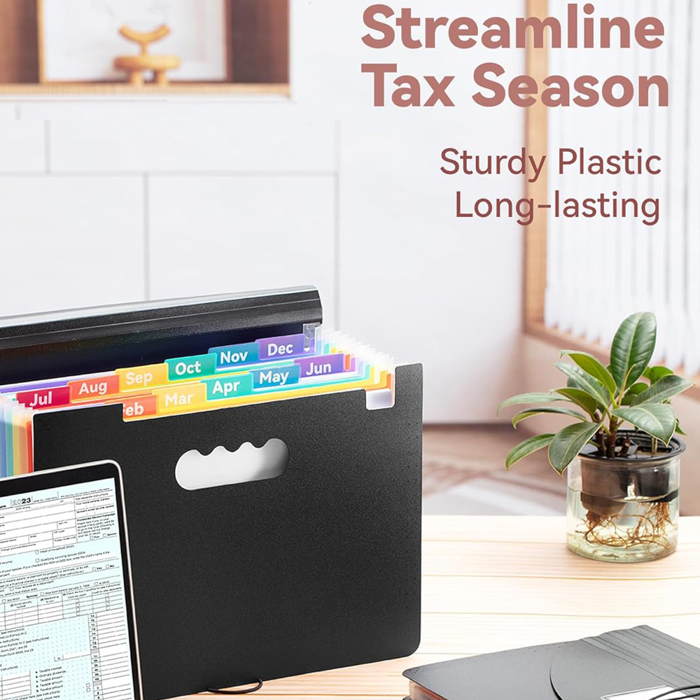 12 Grids Black Plastic File Bag Expanding File Folder Document ...