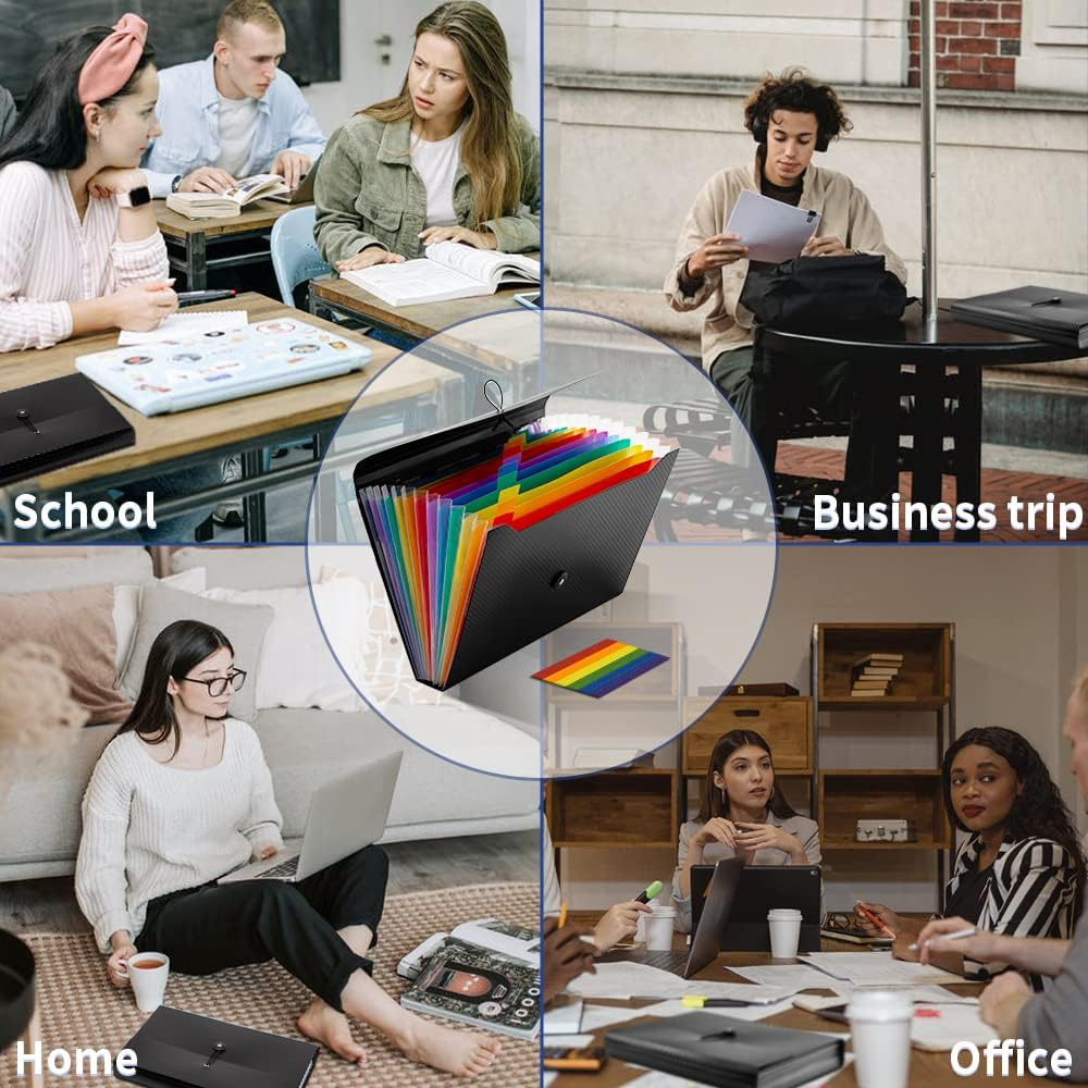 12 Grids Black Plastic File Bag Expanding File Folder Document ...