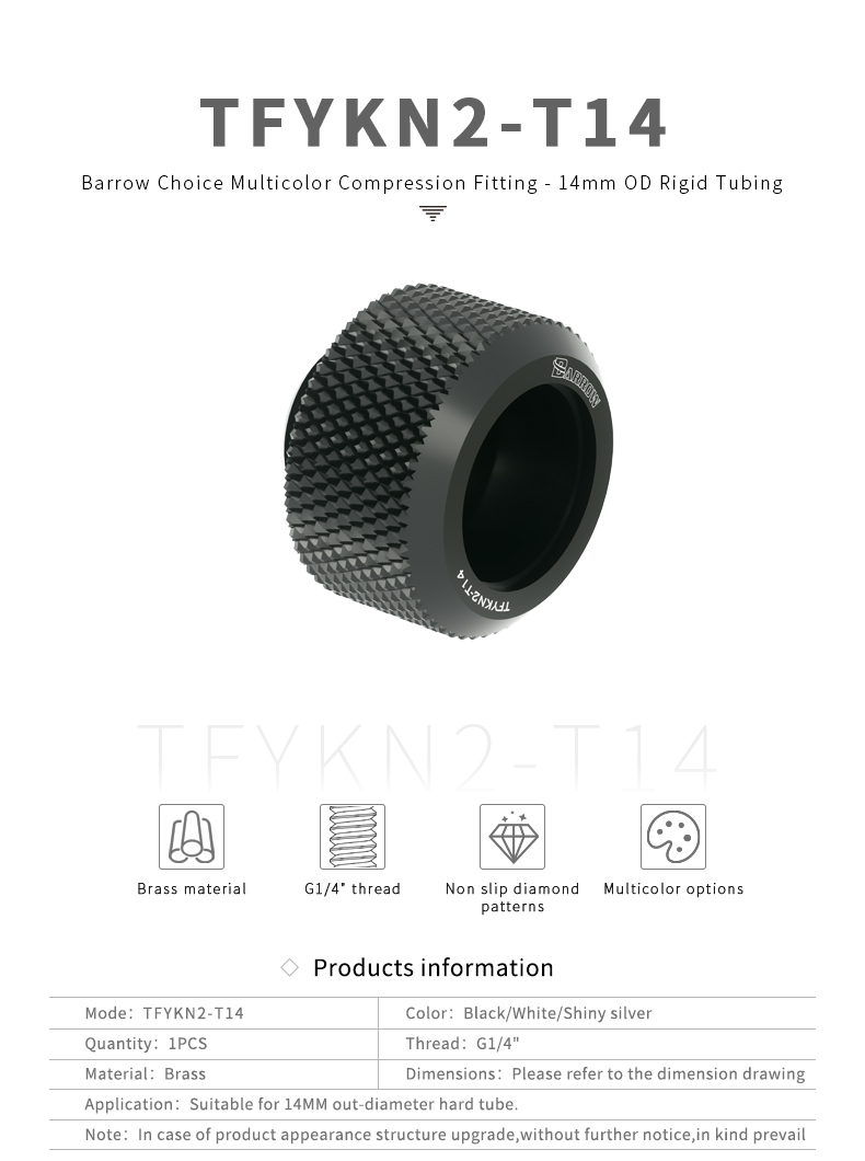 Barrow TFYKN2-T14 OD14mm Hard Tube Fittings Choice series Enhanced Anti ...