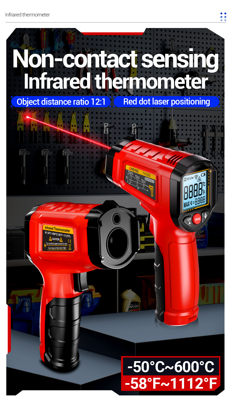 ANENG TH202 Infrared Thermometer Non-contact Sensing -50~600 ...