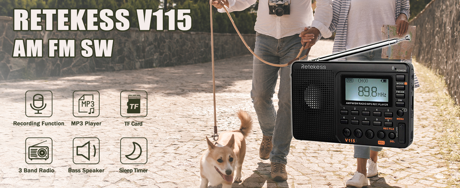 Retekess V115 Portable AM/FM/SW Radio TF Card USB Disk Sleep Timer with ...