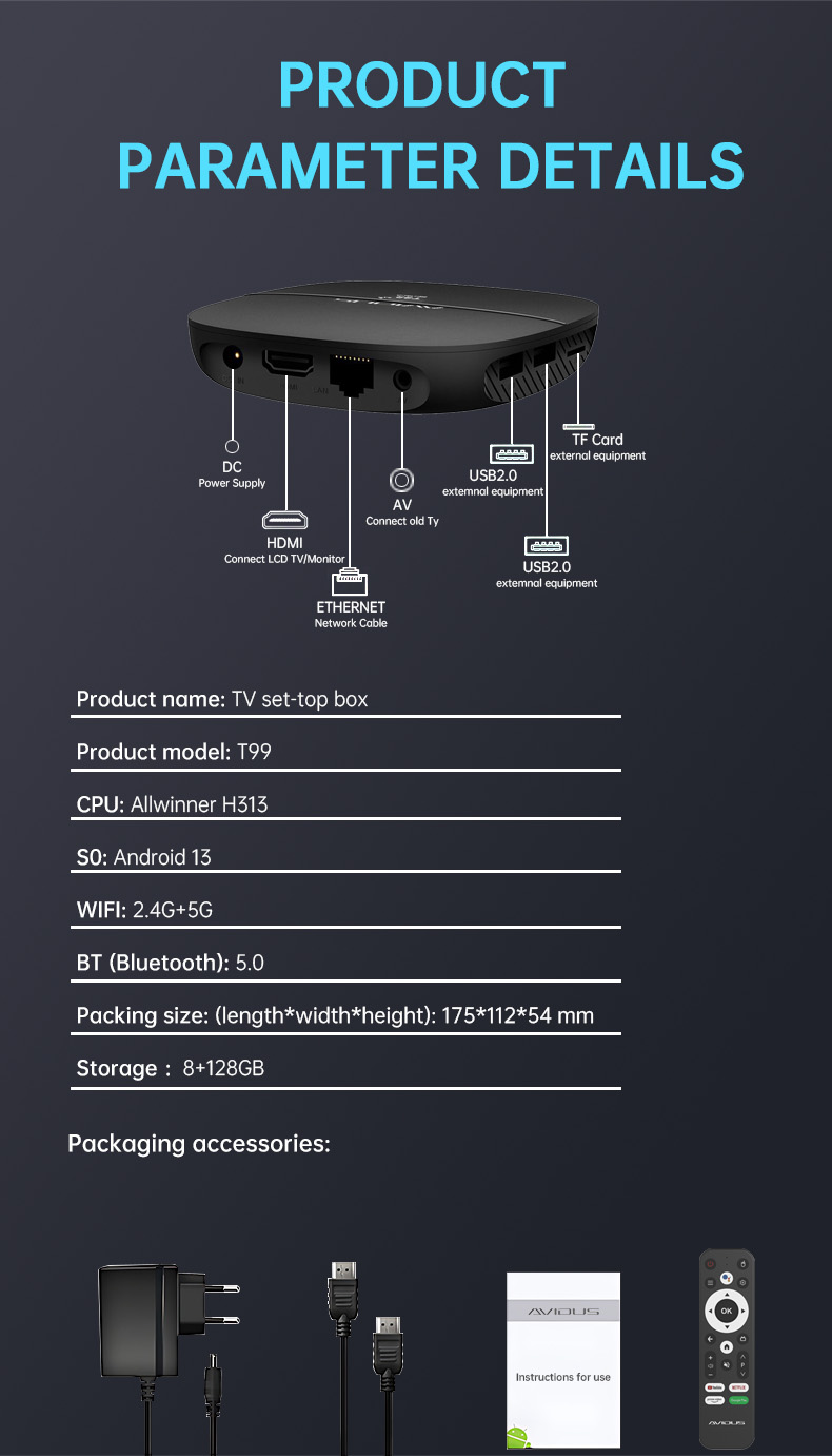 AVIDUS T99 Max 8K ATV Android TV Box 16+256G Dual-Band Wi-Fi 2.4Ghz/5G ...