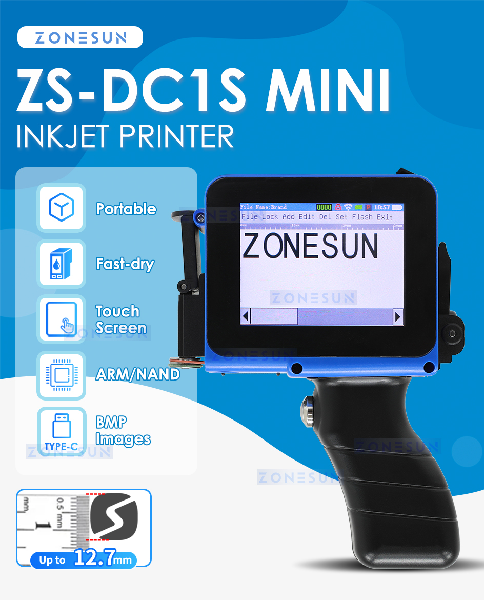 ZONESUN Mini Printer Handheld Inkjet Printer Portable Date Coding Machine QR Code Barcode Batch ...