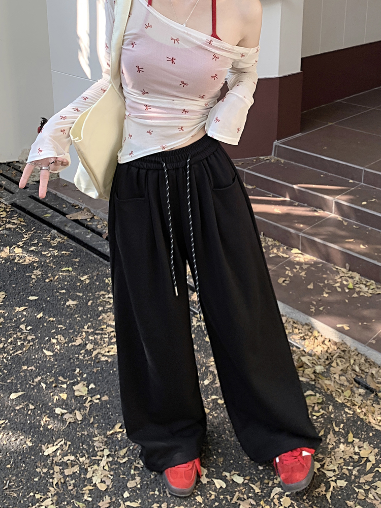 Hotgirl Elastic Waist Wide Leg Plain Pants Korean Style Big Pocket ...